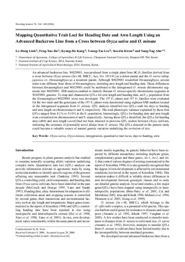 (PDF) Mapping Quantitative Trait Loci for Heading Date and Awn Length Using an Advanced ...