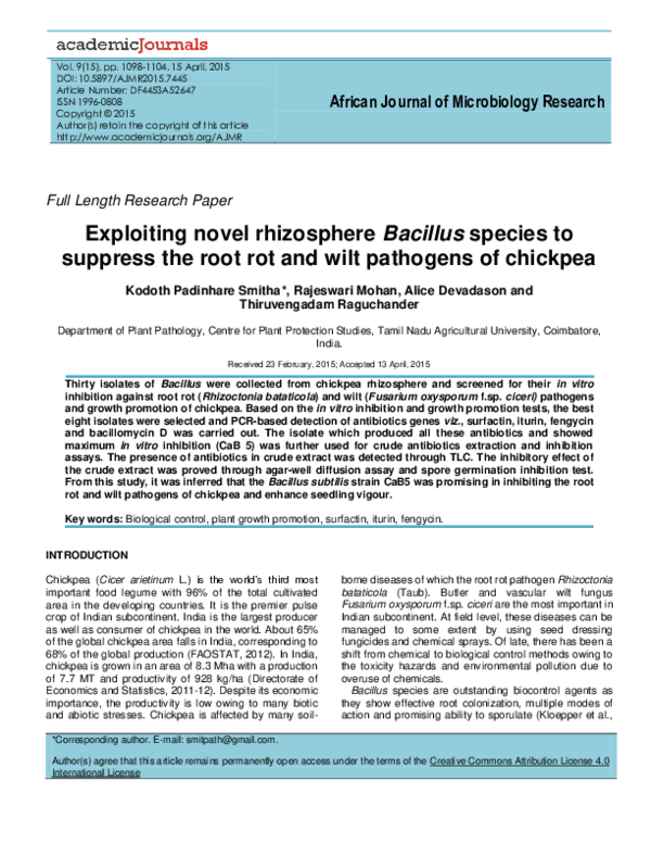 (PDF) Exploiting novel rhizosphere Bacillus species to suppress the ...
