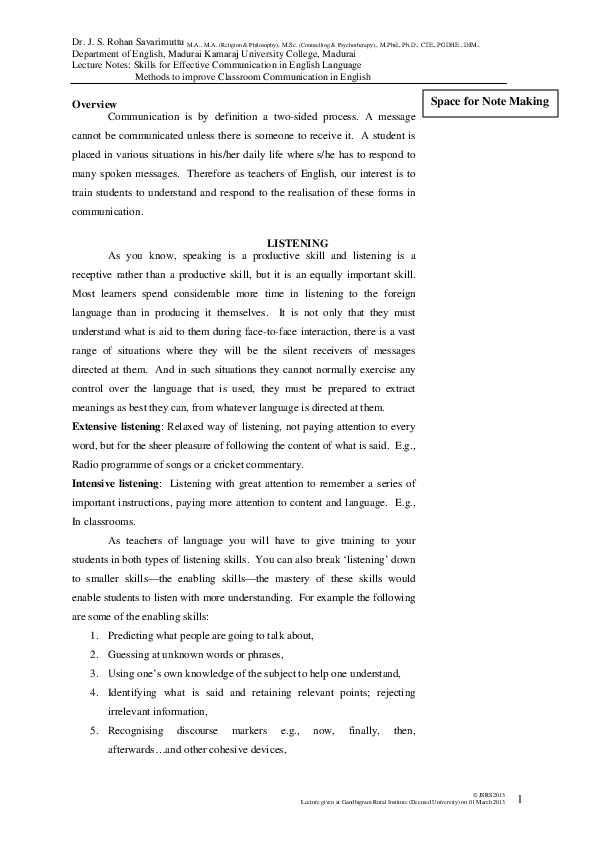 Pdf Lecture Notes Skills For Effective Communication In English