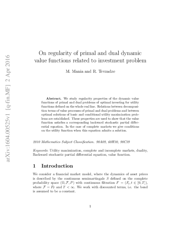 Pdf On Regularity Of Primal And Dual Dynamic Value Functions Related To Investment Problems 4861
