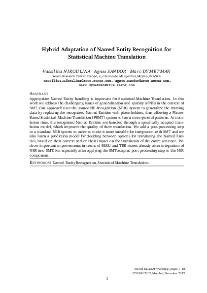 (PDF) Hybrid Adaptation of Named Entity Recognition for Statistical Machine Translation