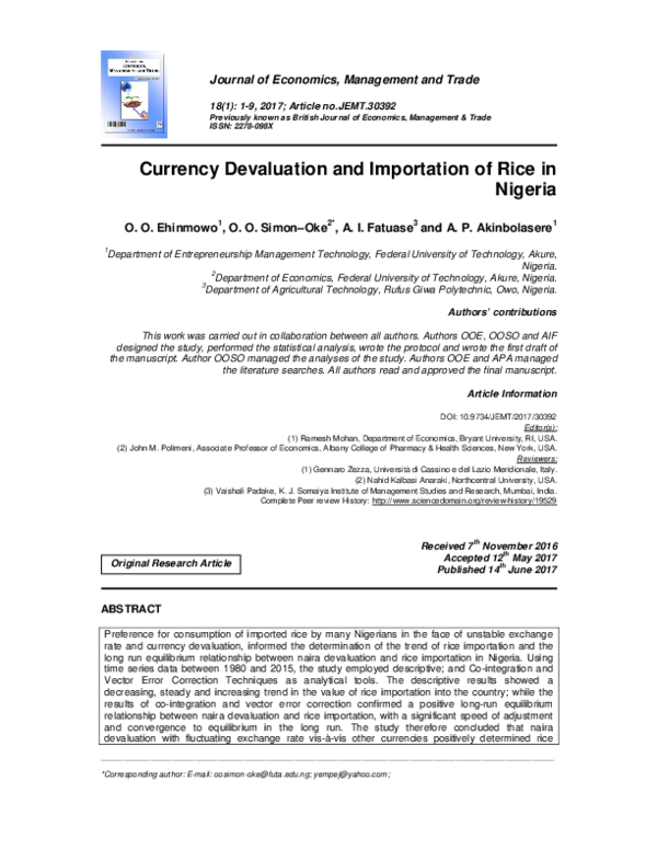 (PDF) Currency Devaluation and Importation of Rice in Nigeria