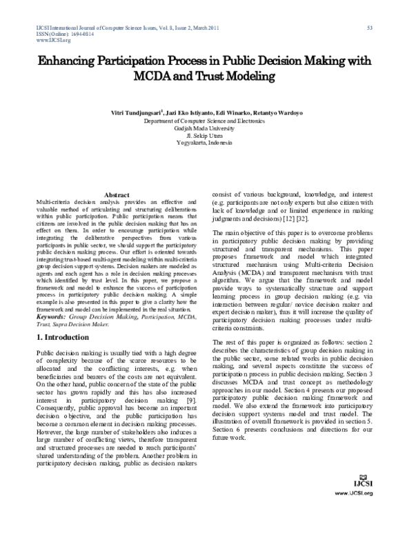 (PDF) Enhancing Participation Process in Public Decision Making with MCDA and Trust Modeling