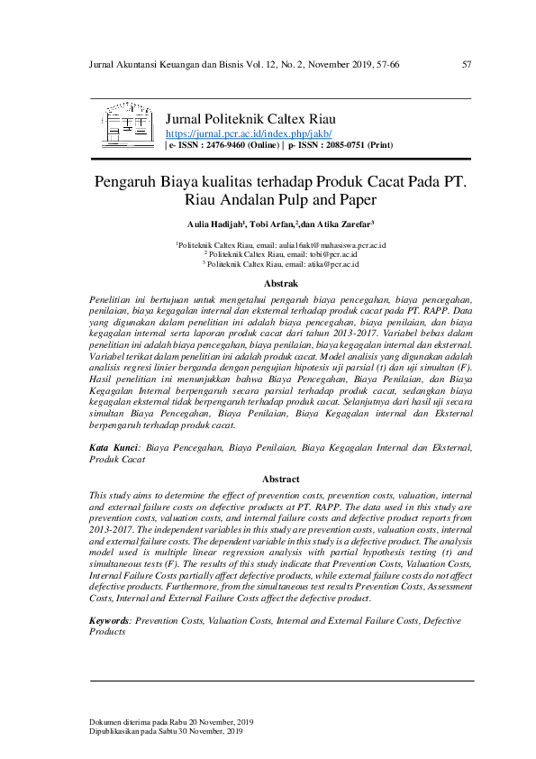 (PDF) Pengaruh Biaya kualitas terhadap Produk Cacat Pada PT. Riau ...