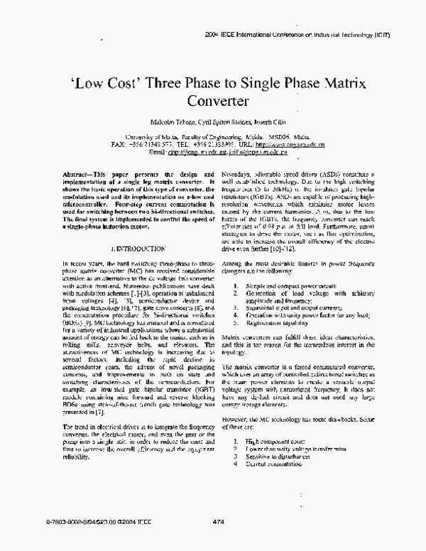 (PDF) Low cost' three phase to single phase matrix converter