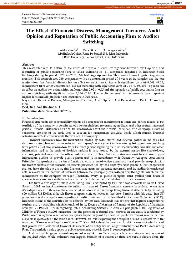 (PDF) The Effect of Financial Distress, Management Turnover, Audit Opinion and Reputation of ...