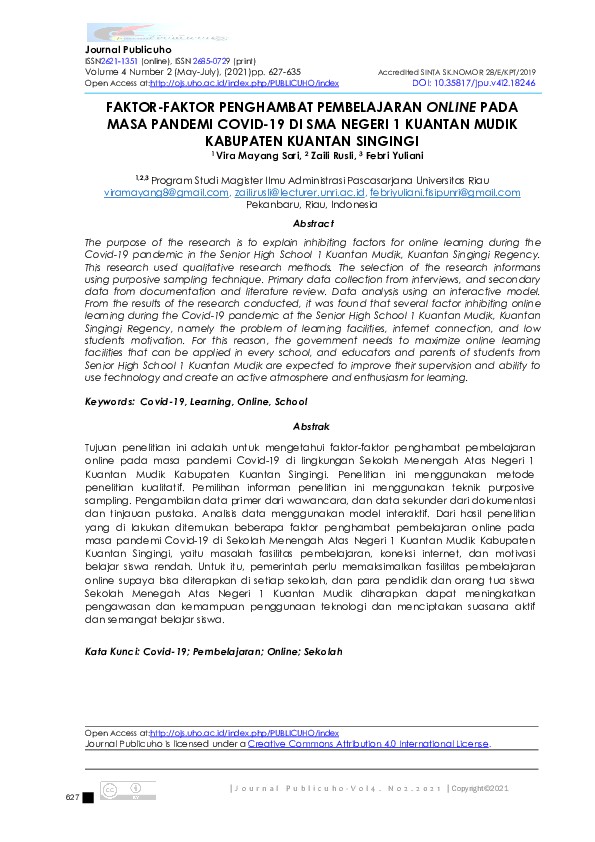 (PDF) Faktor-Faktor Penghambat Pembelajaran Online Pada Masa Pandemi COVID-19 DI Sma Negeri 1 ...