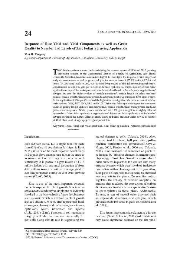 (PDF) Response of Rice Yield and Yield Components as well as Grain Quality to Number and Levels ...