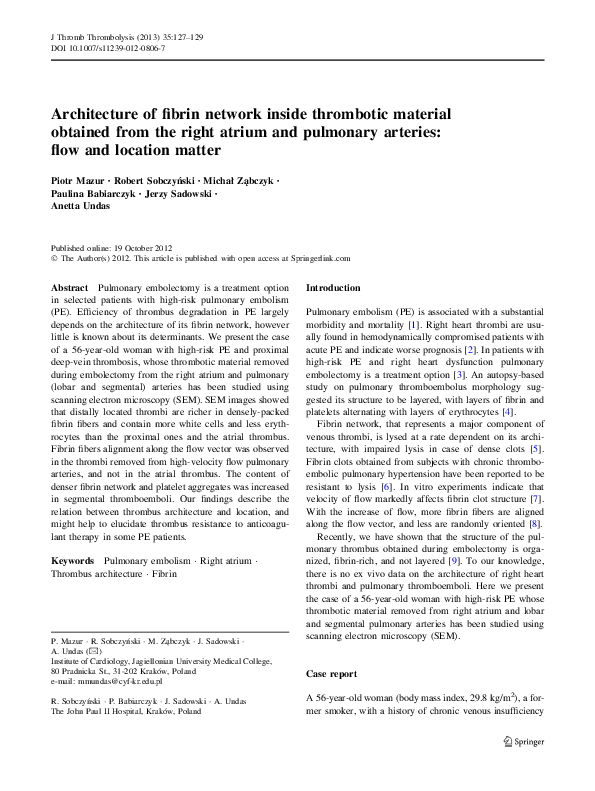 (PDF) Architecture of fibrin network inside thrombotic material obtained from the right atrium ...