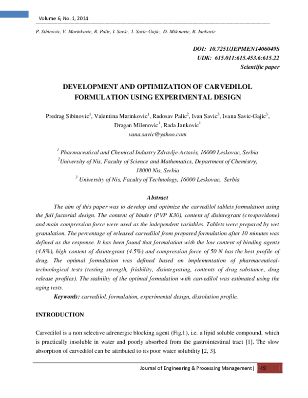 Pdf Development And Optimization Of Carvedilol Formulation Using Experimental Design