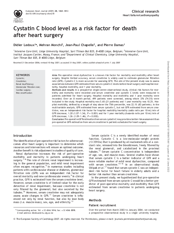 (PDF) Cystatin C blood level as a risk factor for death after heart surgery