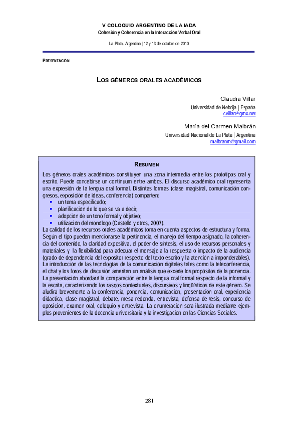 (PDF) Los géneros orales académicos