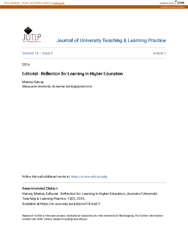(PDF) Editorial 13.2: Reflection for Learning in Higher Education