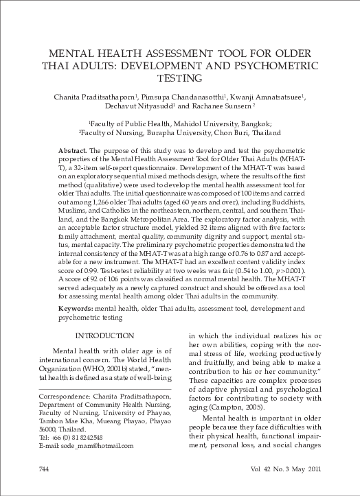 (PDF) Mental health assessment tool for older thai adults: development ...