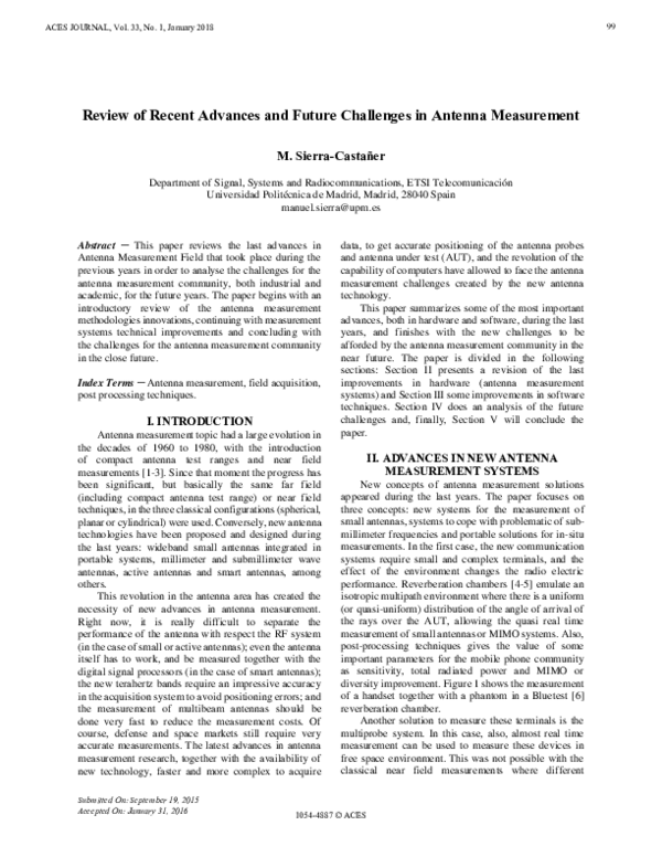 (PDF) Review of recent advances and future challenges in antenna measurement