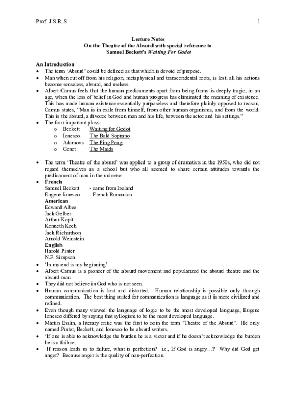 (DOC) Lecture Notes On the Theatre of the Absurd with special reference ...