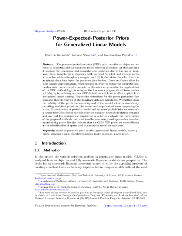 (PDF) Power-Expected-Posterior Priors for Generalized Linear Models