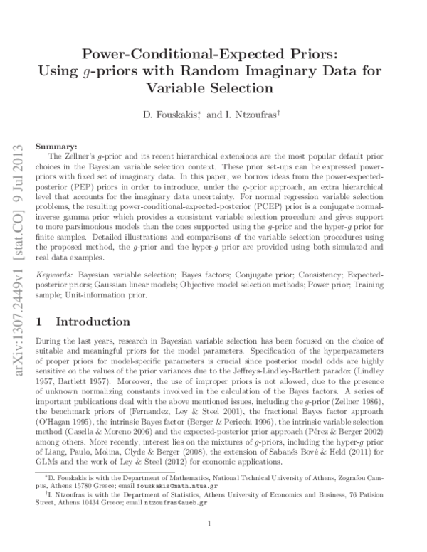 Pdf Power Conditional Expected Priors Using G Priors With Random Imaginary Data For Variable
