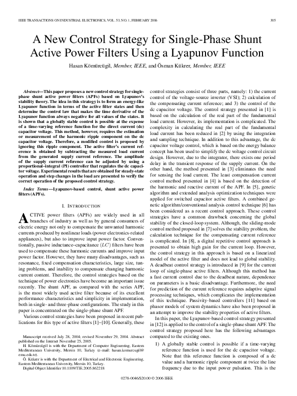 (PDF) A new control strategy for single-phase shunt active power filters using a Lyapunov function