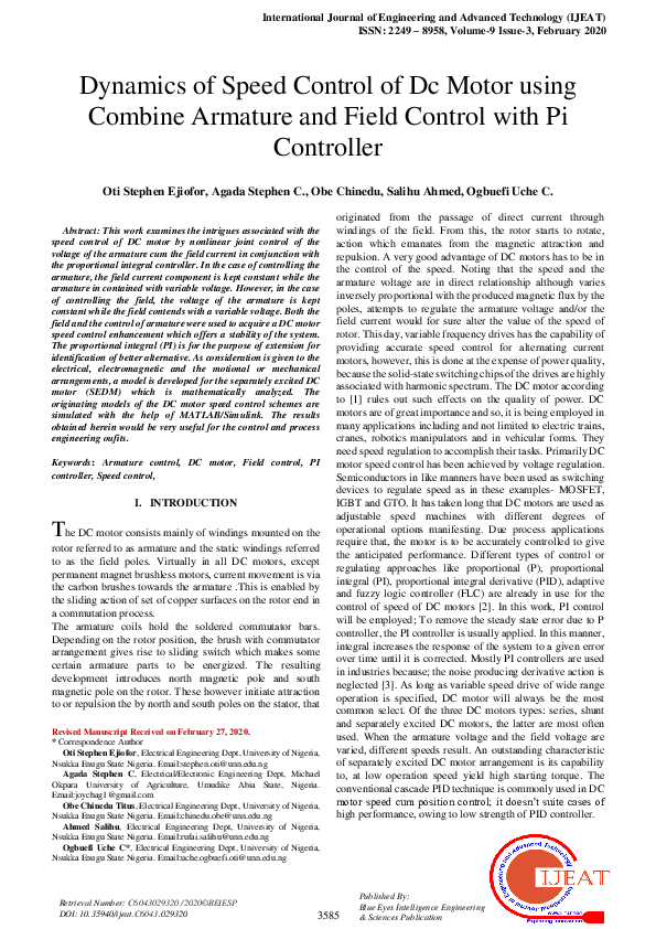 Pdf Dynamics Of Speed Control Of Dc Motor Using Combine Armature And Field Control With Pi