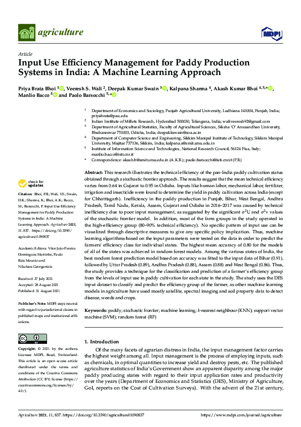 (PDF) Input Use Efficiency Management for Paddy Production Systems in India: A Machine Learning ...