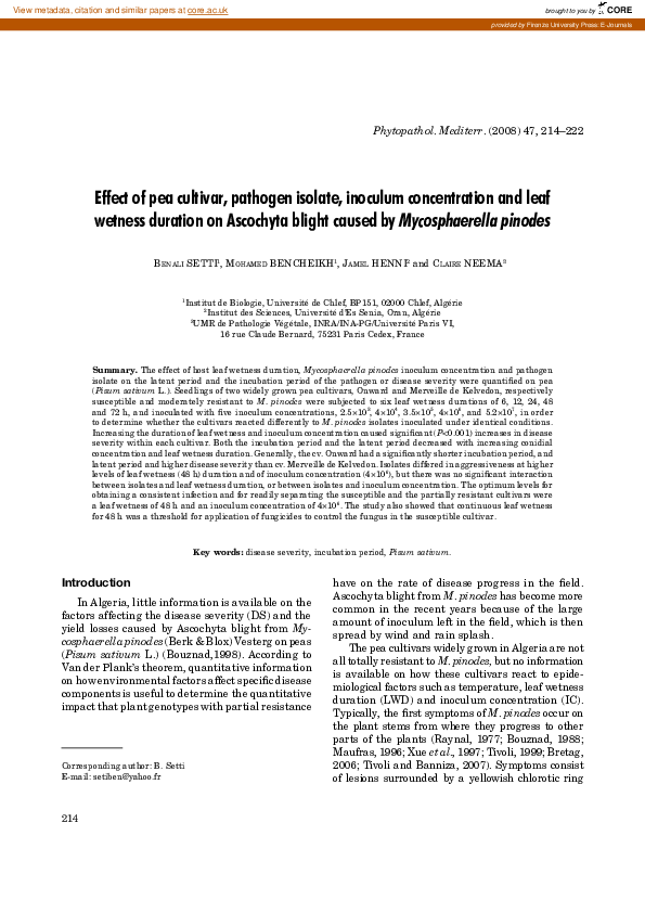 (PDF) Effect of pea cultivar, pathogen isolate, inoculum concentration ...