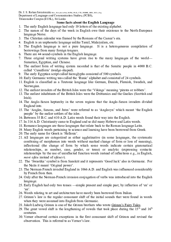(DOC) Some facts about the English Language: Lecture Notes