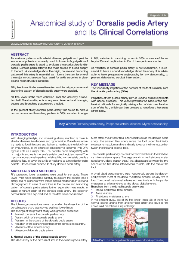 (PDF) Anatomical study of Dorsalis pedis Artery and Its Clinical Correlations