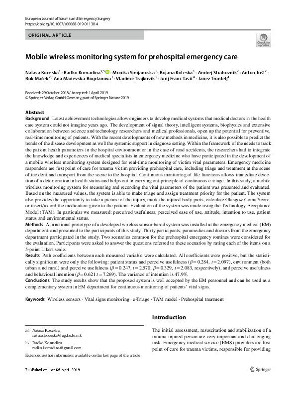 (PDF) Mobile wireless monitoring system for prehospital emergency care