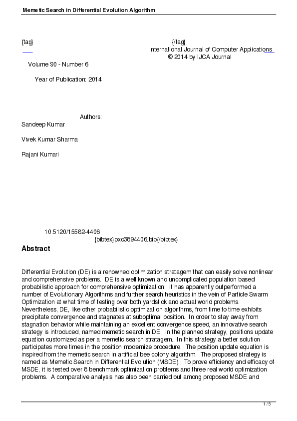 (PDF) Memetic Search in Differential Evolution Algorithm