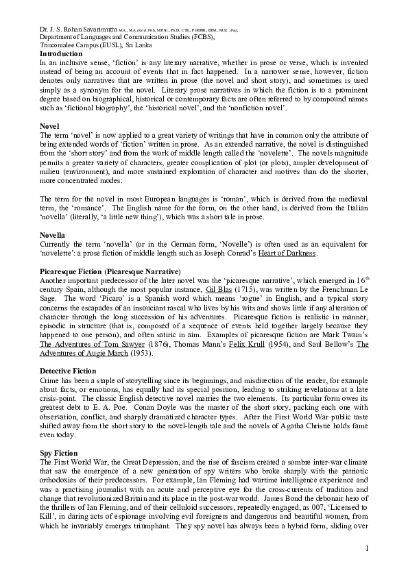 (DOC) Introduction to Fiction: Lecture Notes