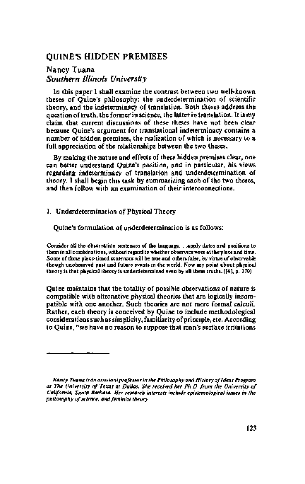 (PDF) Quine's Hidden Premises | Nancy Tuana - Academia.edu