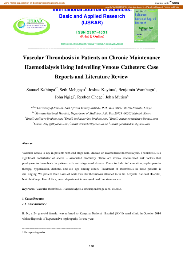 (PDF) Vascular Thrombosis in Patients on Chronic Maintenance Haemodialysis Using Indwelling ...