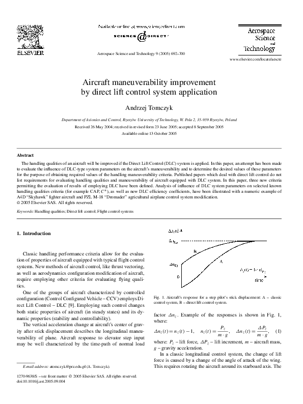 Pdf Aircraft Maneuverability Improvement By Direct Lift Control