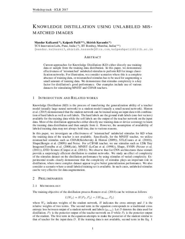 (PDF) Knowledge distillation using unlabeled mismatched images