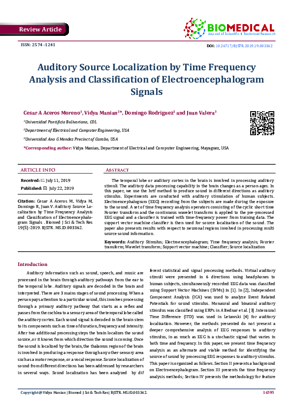 Pdf Auditory Source Localization By Time Frequency Analysis And