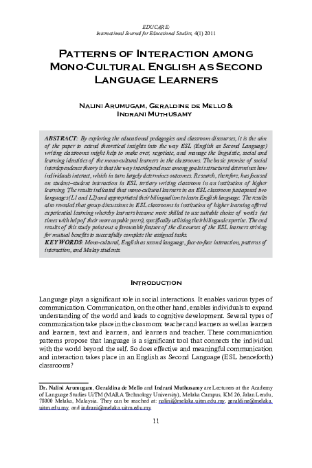 (PDF) Patterns of Interaction among Mono-Cultural English as Second ...