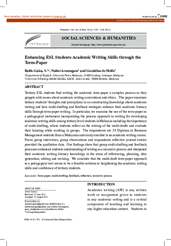 (PDF) Enhancing ESL Students Academic Writing Skills through the Term-Paper