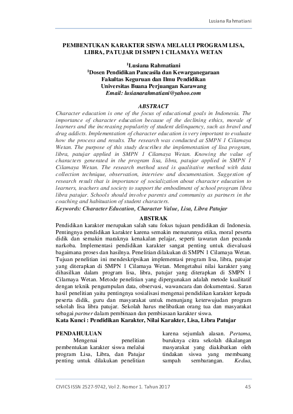 (PDF) Pembentukan Karakter Siswa Melalui Program Lisa, Libra, Patujar ...