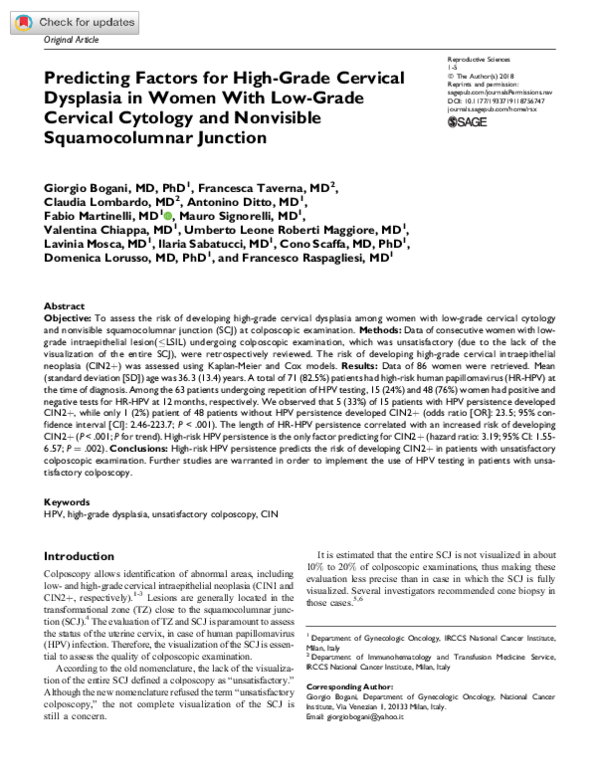Pdf Predicting Factors For High Grade Cervical Dysplasia In Women
