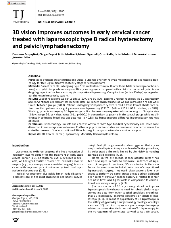 (PDF) 3D Vision Improves Outcomes in Early Cervical Cancer Treated with ...