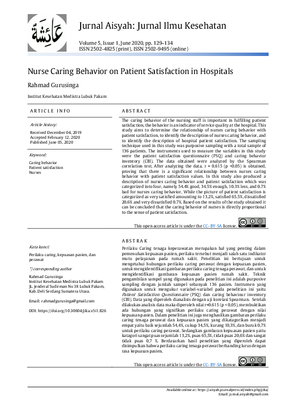 (PDF) Nurse Caring Behavior on Patient Satisfaction in Hospitals