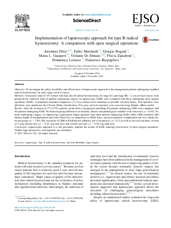 (PDF) Implementation of laparoscopic approach for type B radical hysterectomy: A comparison with ...