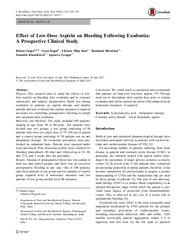 (PDF) Effect of Low-Dose Aspirin on Bleeding Following Exodontia: A ...