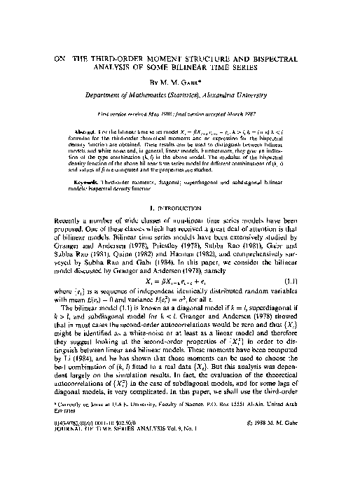 Pdf On The Third Order Moment Structure And Bispectral Analysis Of Some Bilinear Time Series