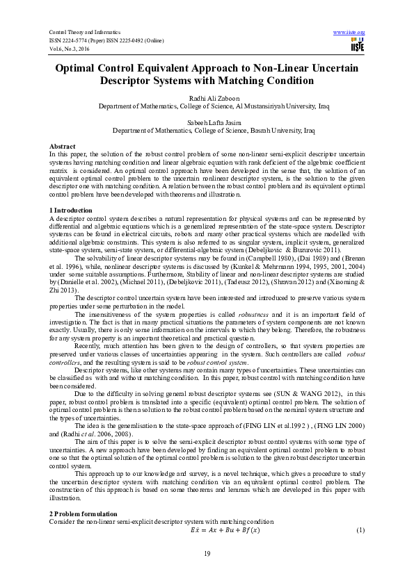 (PDF) Optimal Control Equivalent Approach to Non-Linear Uncertain ...