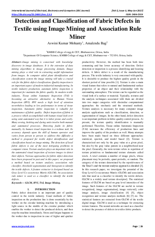 Pdf Detection And Classification Of Fabric Defects In Textile Using