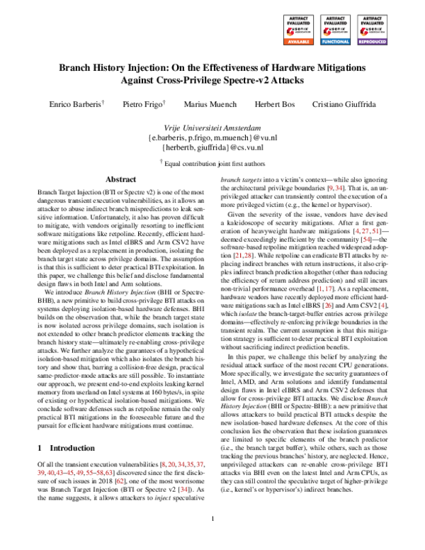 (PDF) Examining Hardware Defenses Against Spectre-v2