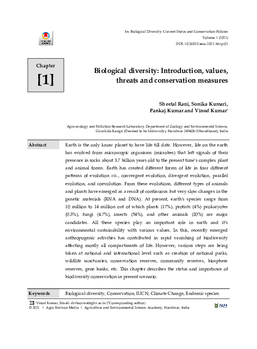 (PDF) Biological diversity: Introduction, values, threats and ...