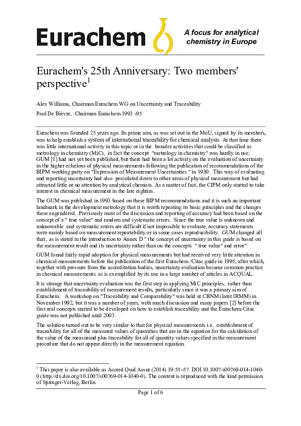 (PDF) Eurachem’s 25th anniversary: two members’ perspective